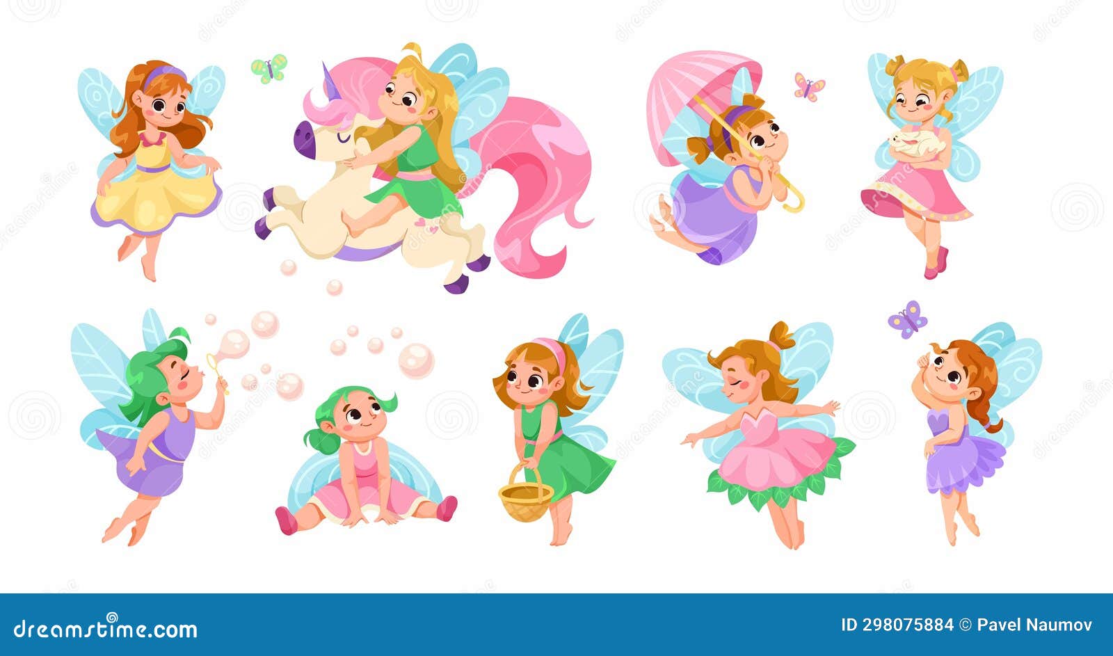 Cute Fairy and Little Pixie with Wings Vector Set Stock Vector - Illustration of character ...