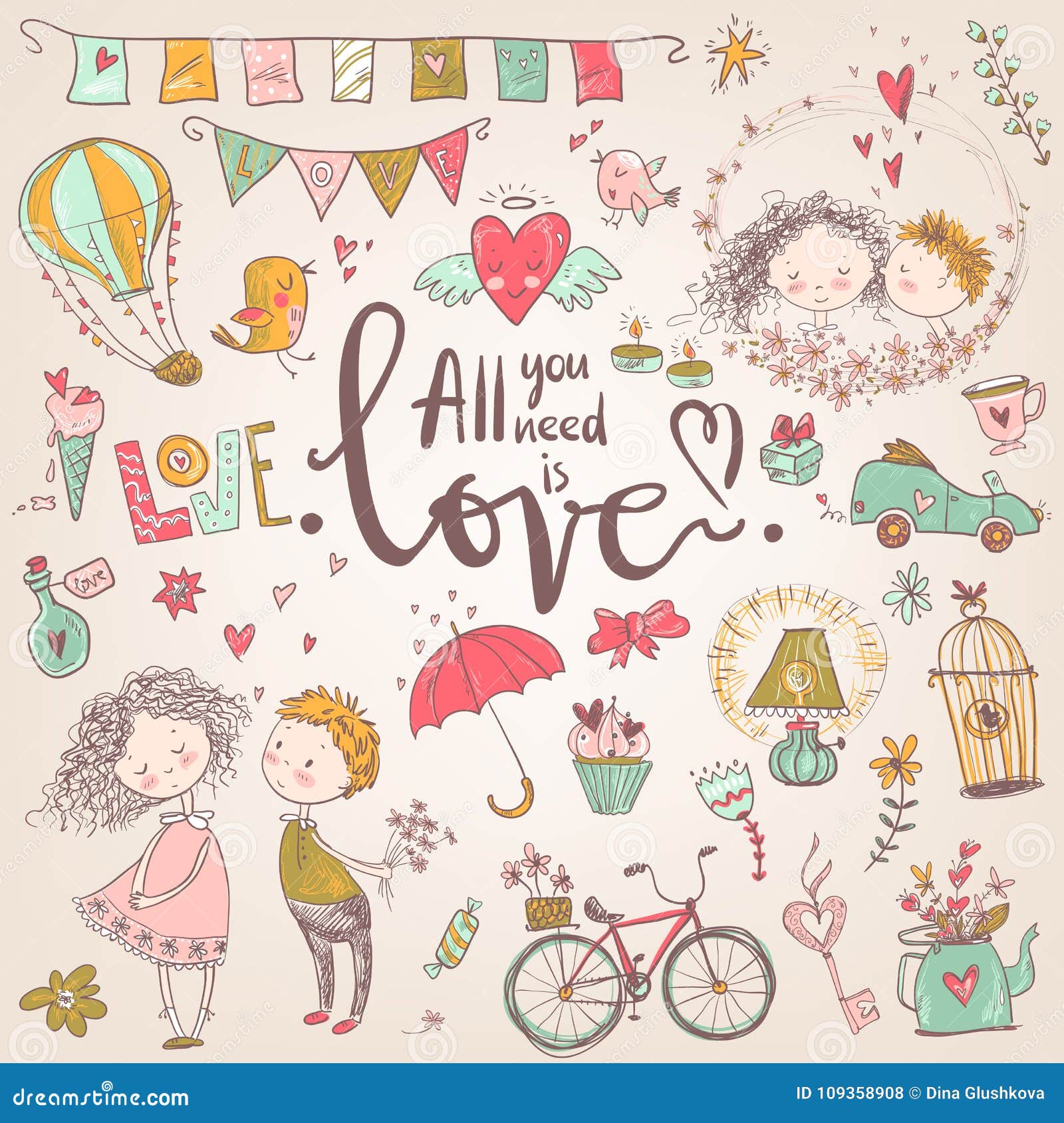 Cute Fall in Love Collection. Nice Romantic Elements Stock Vector ...