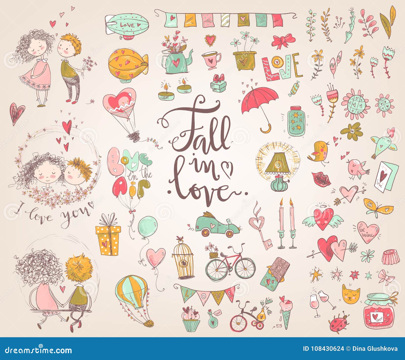 Cute Fall in Love Collection. Nice Romantic Isolated Elements Stock ...