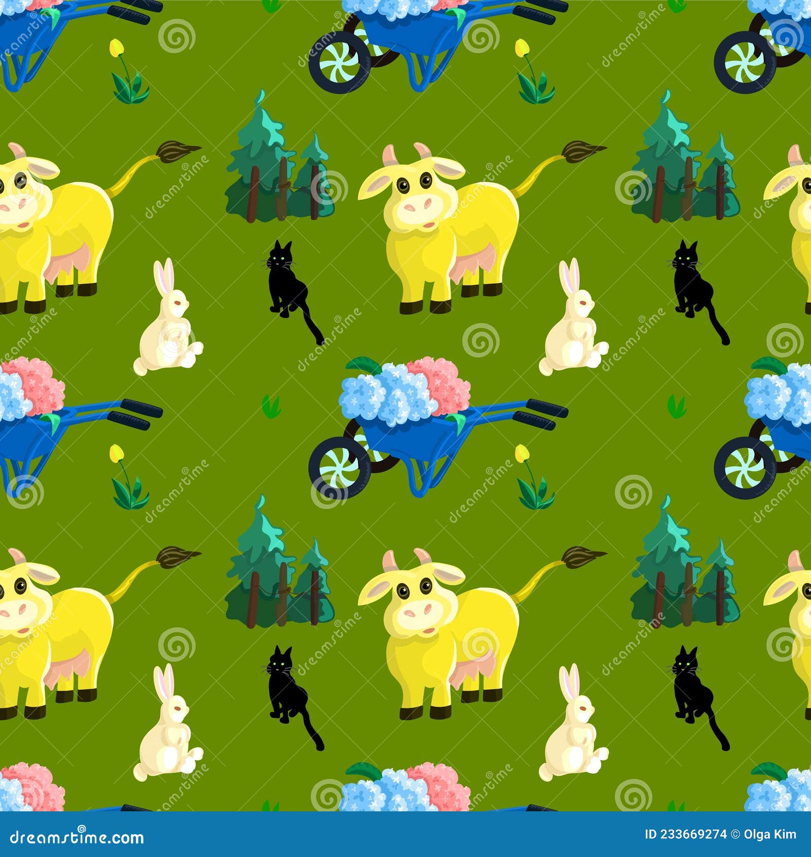 Cute Farmland Seamless Pattern with Cows in Garden Stock Vector ...