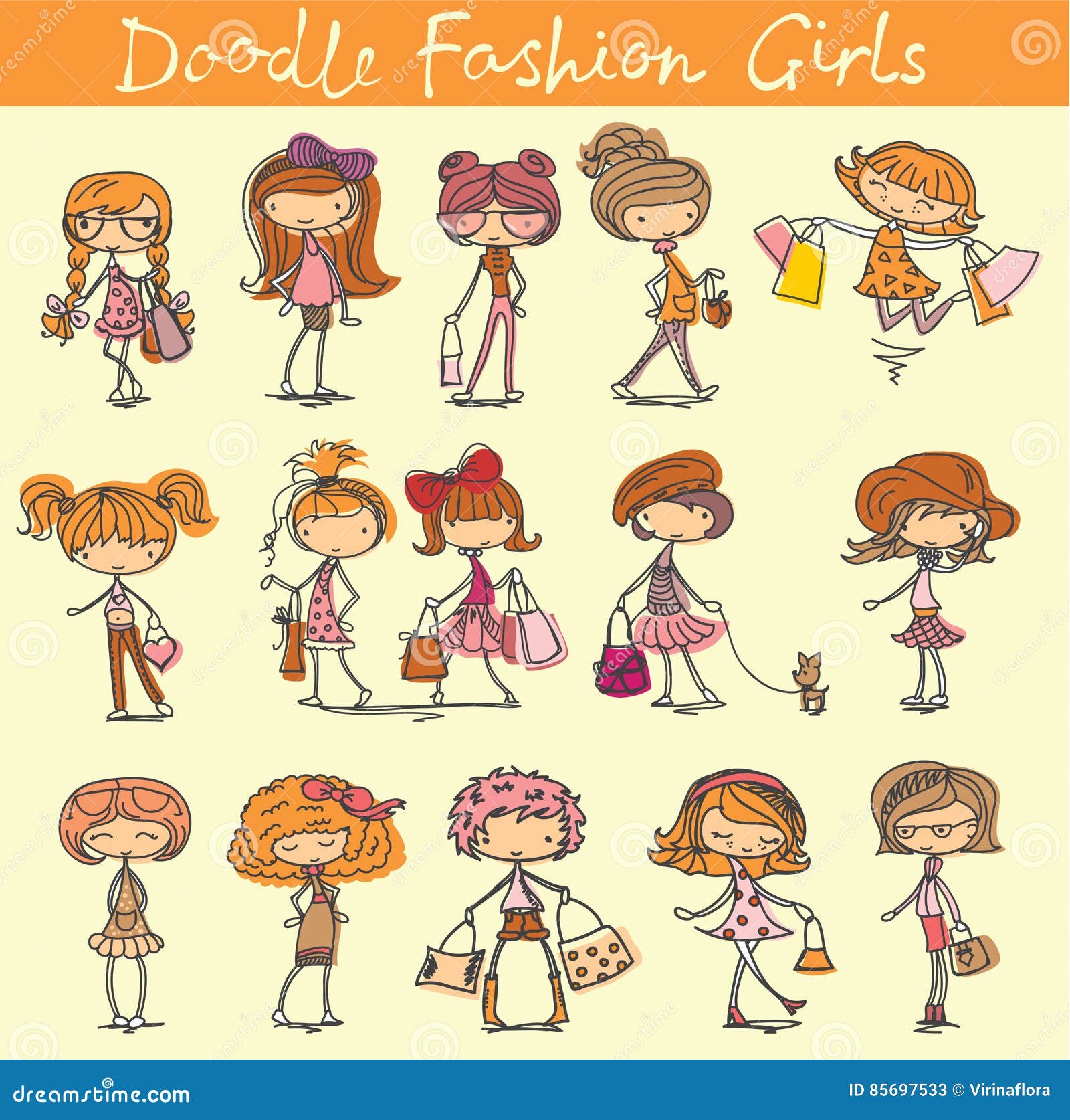 Cute fashion doodle girls stock vector. Illustration of ribbon - 85697533