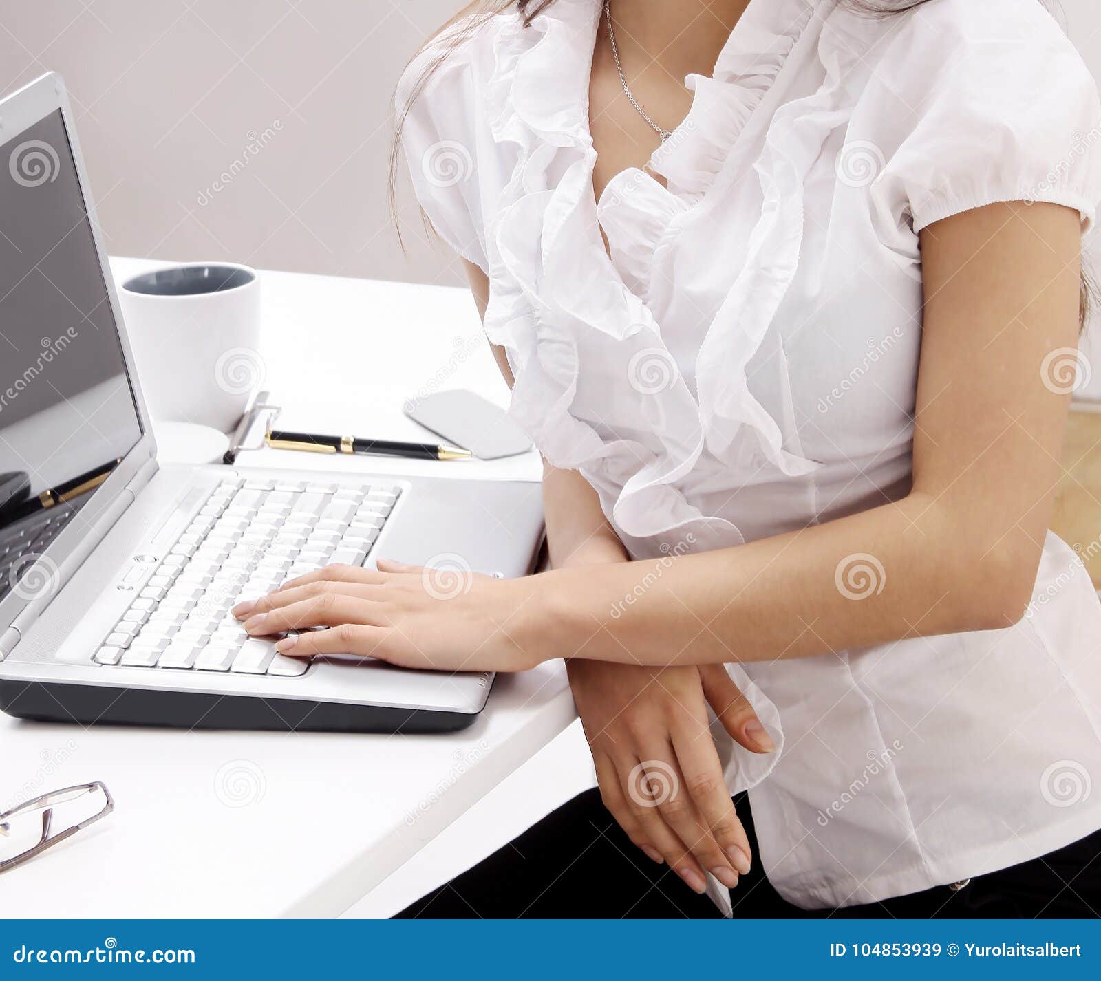 Cute Female Assistant Sitting at a Desk Stock Image - Image of holding ...