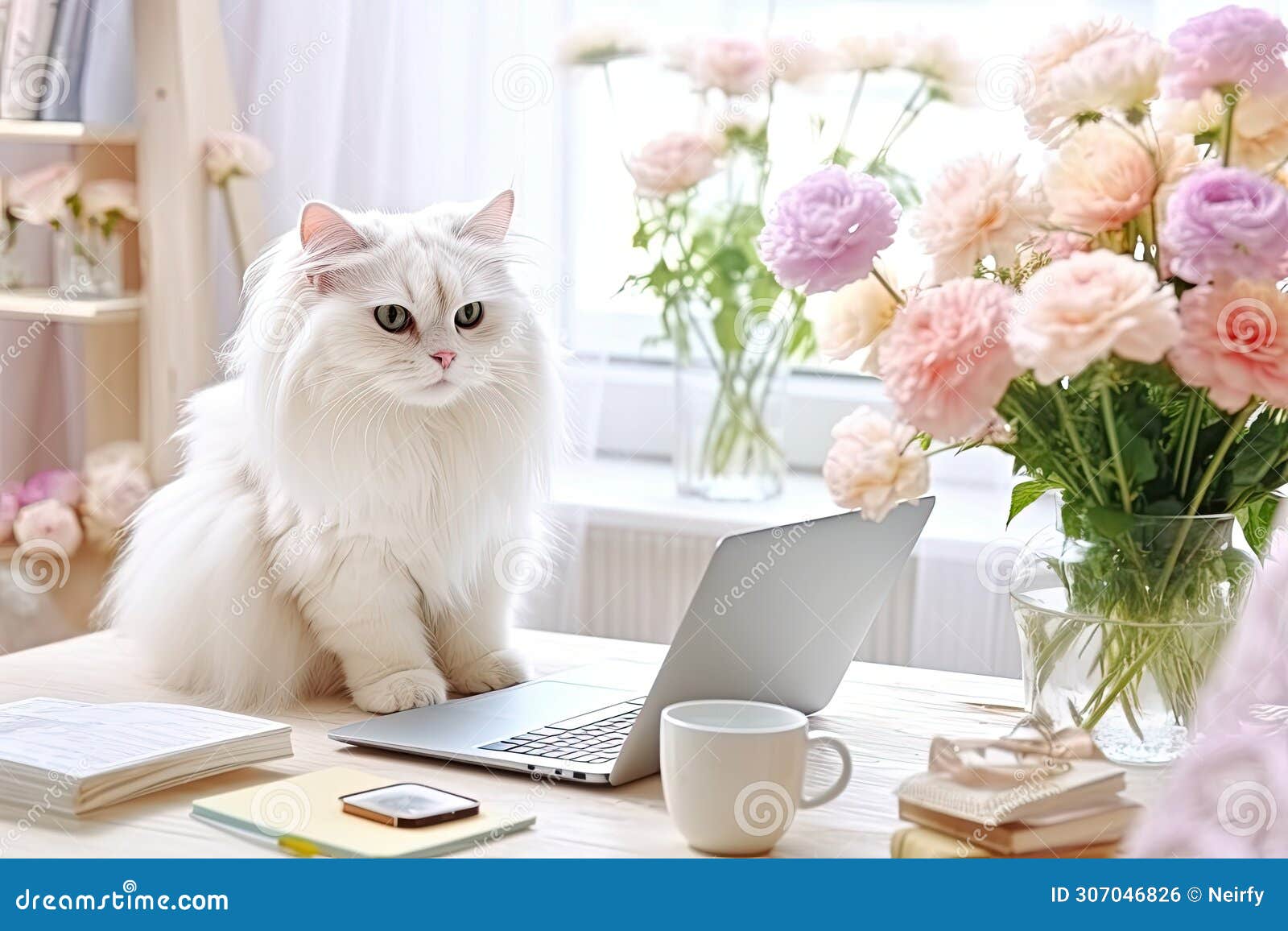 Cute Female Cat Using Laptop, Home Interior Stock Photo - Image of ...