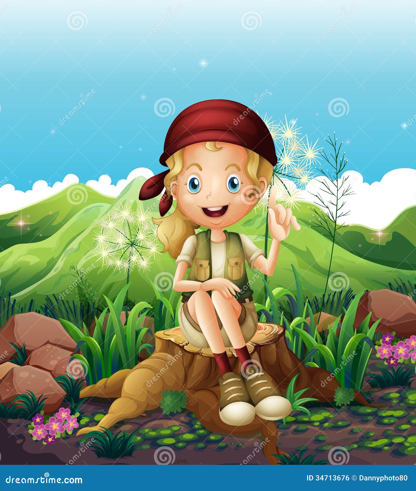 A Cute Female Explorer Sitting Above the Stump Stock Vector ...