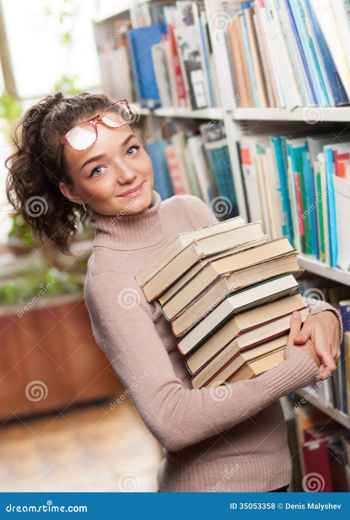 Cute Female Student in a Library Stock Photo - Image of class ...