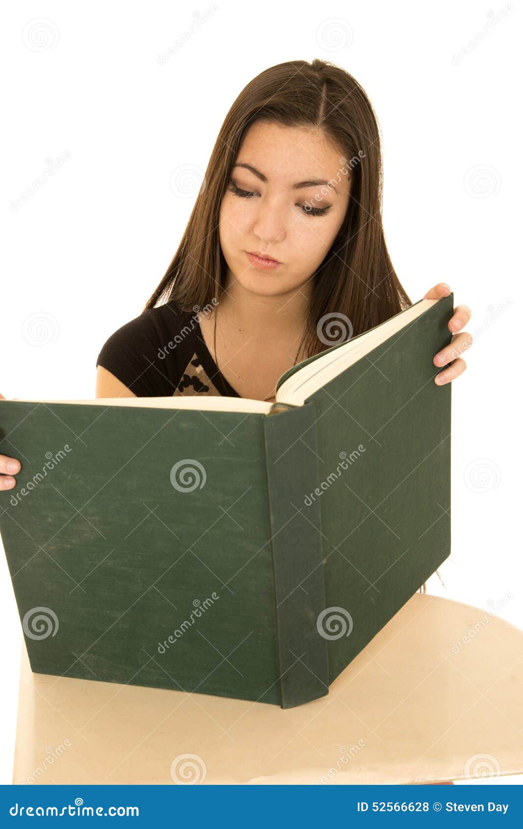 Cute Female Student Reading a Large Text Book Stock Photo - Image of ...