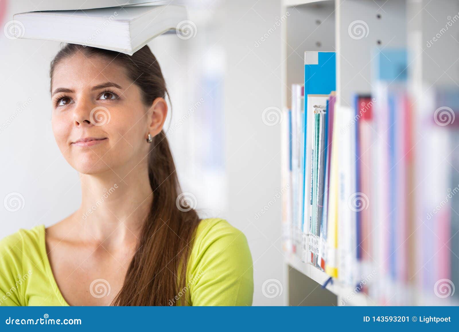 Cute Female University Student with Books in Library Stock Image ...