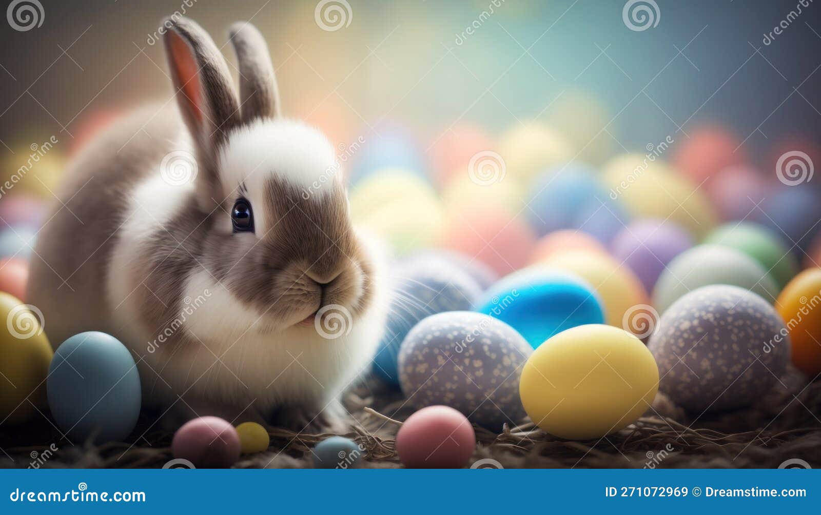 Cute Festive Easter Bunny with Easter Eggs Around Him Stock ...