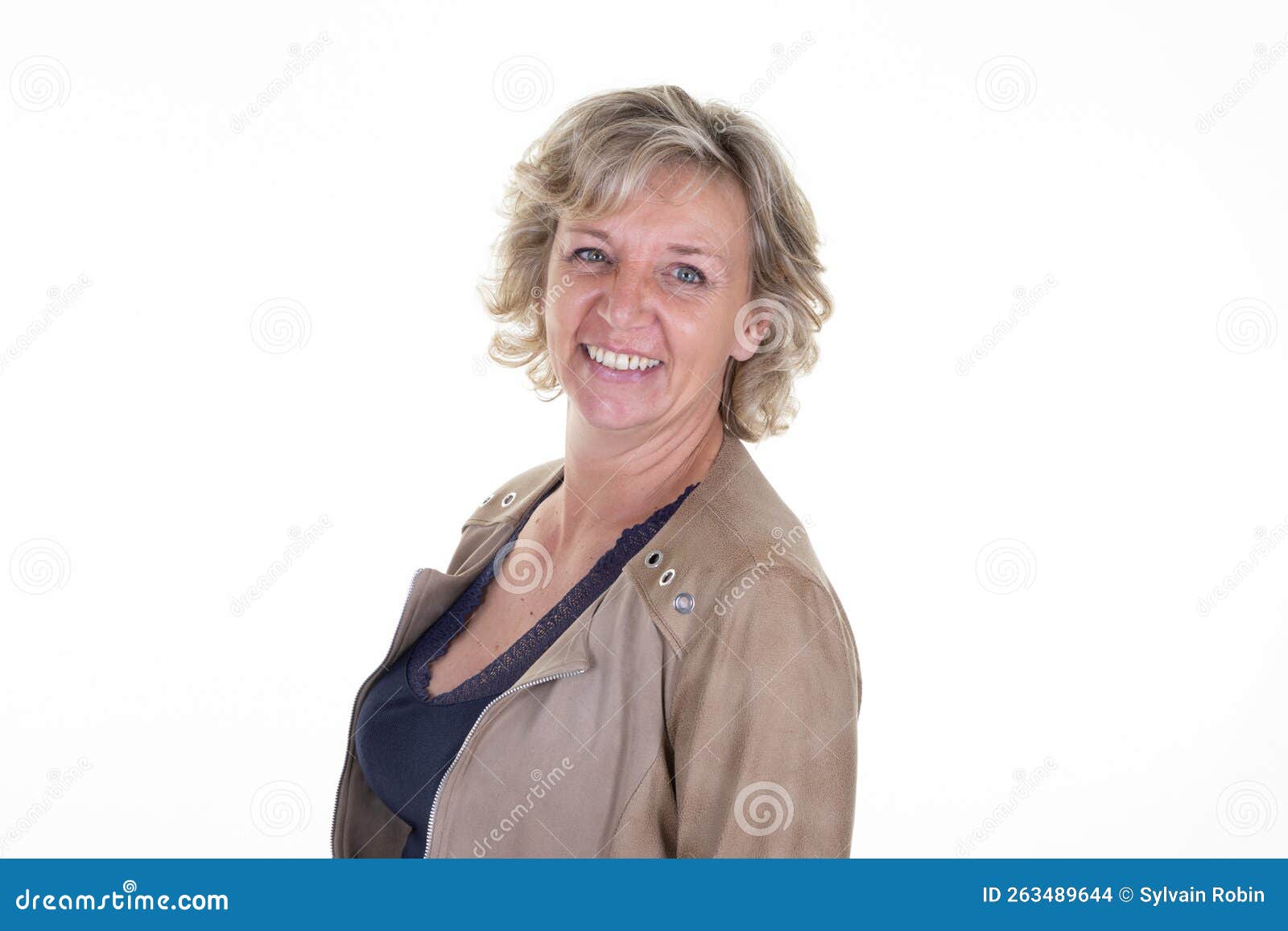 Cute Fifties Smiling Blonde Mature Woman Middle Aged On White