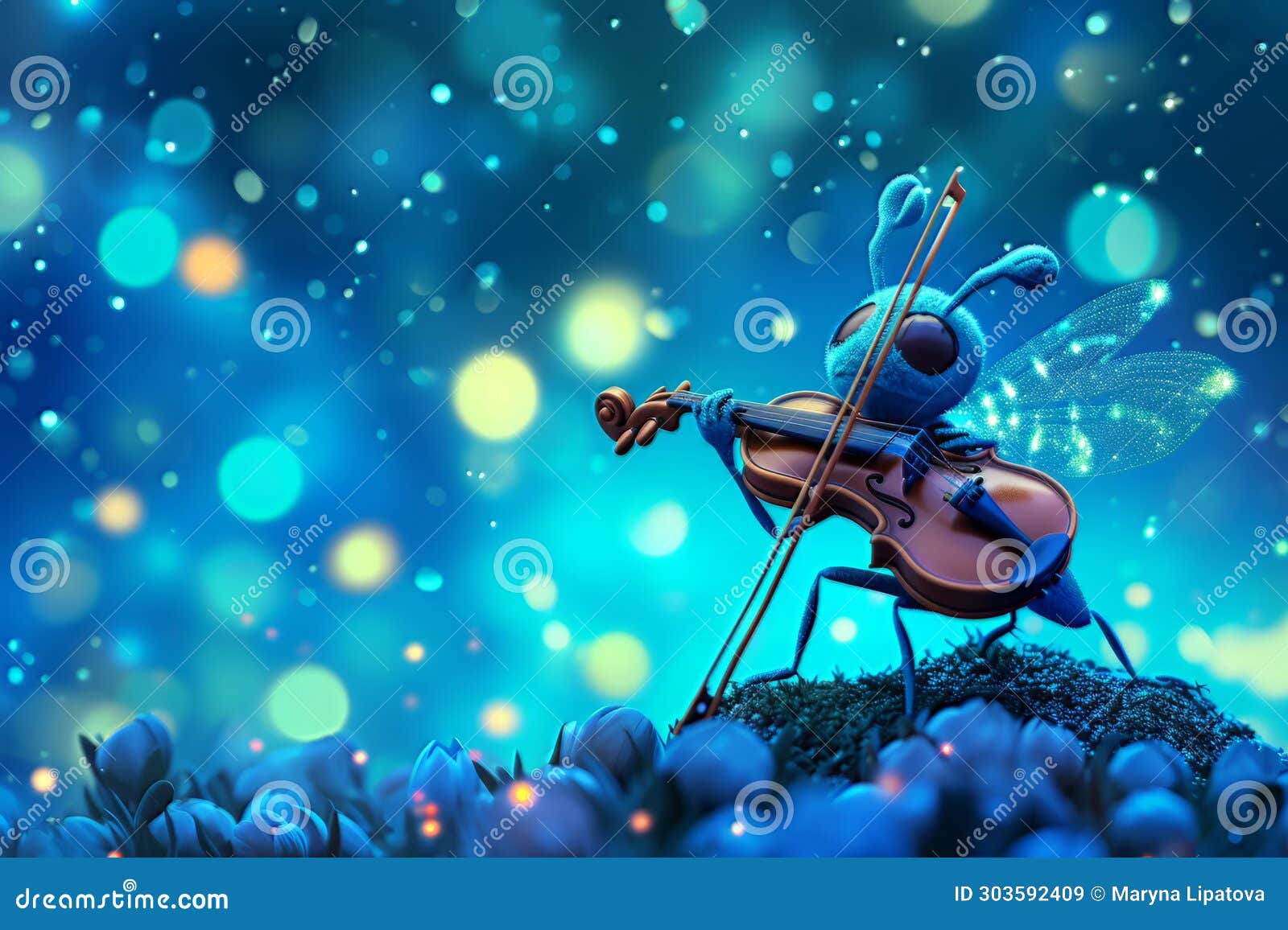 Cute Firefly Playing the Violin Under a Starry Sky. Stock Image - Image ...