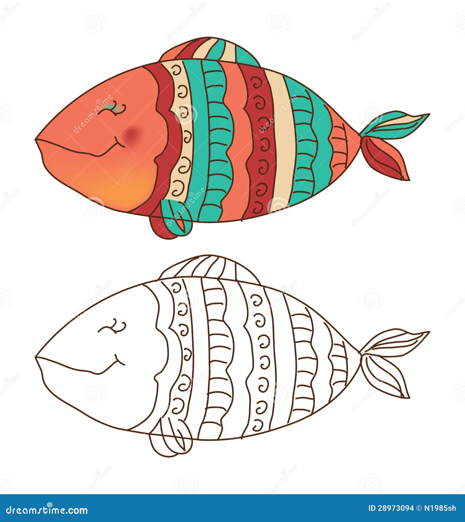 Cute Fish in Color and Outline Stock Vector - Illustration of ...