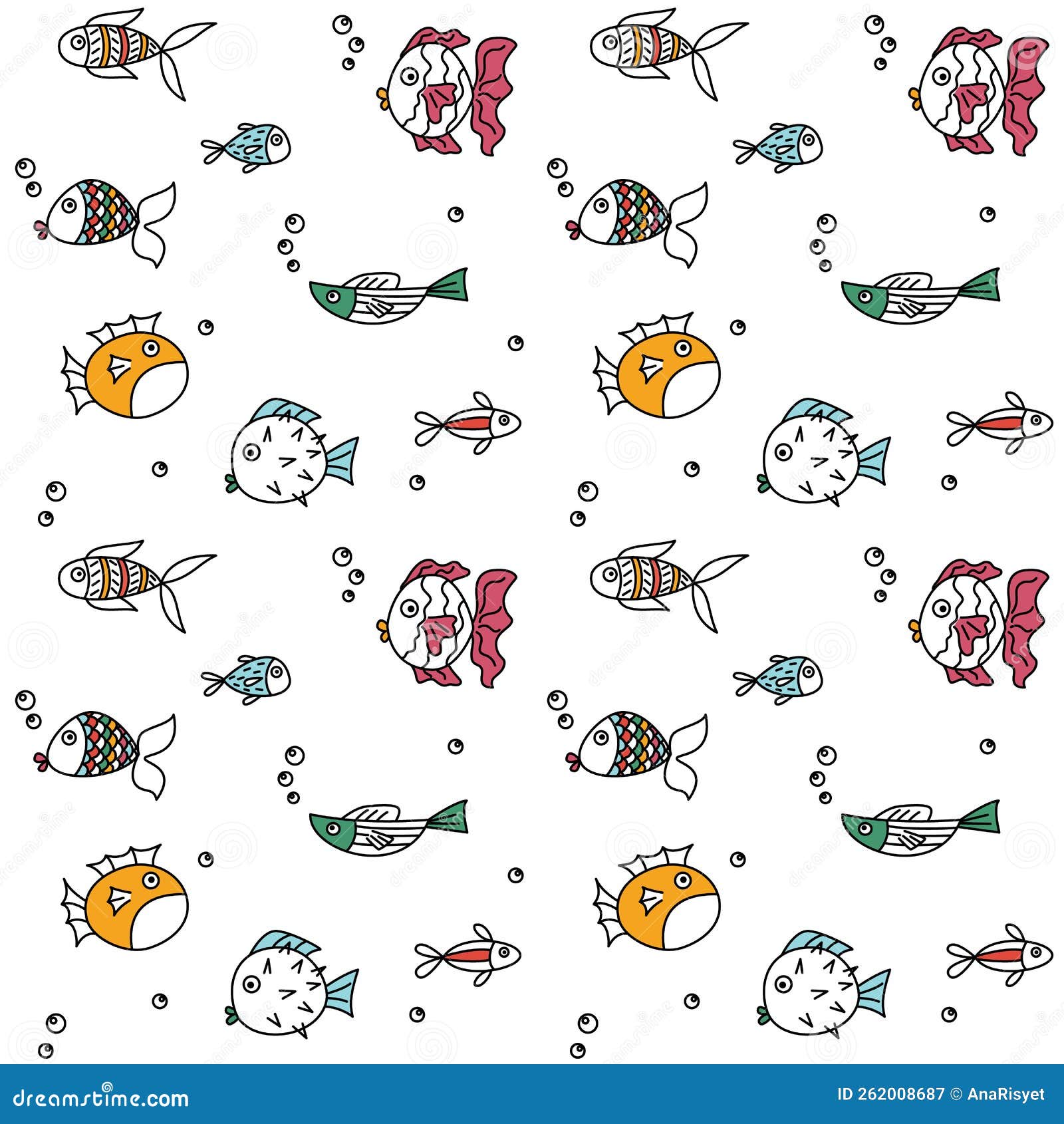 Cute Fish in Doodle Colorful Style Seamless Pattern Background Stock ...