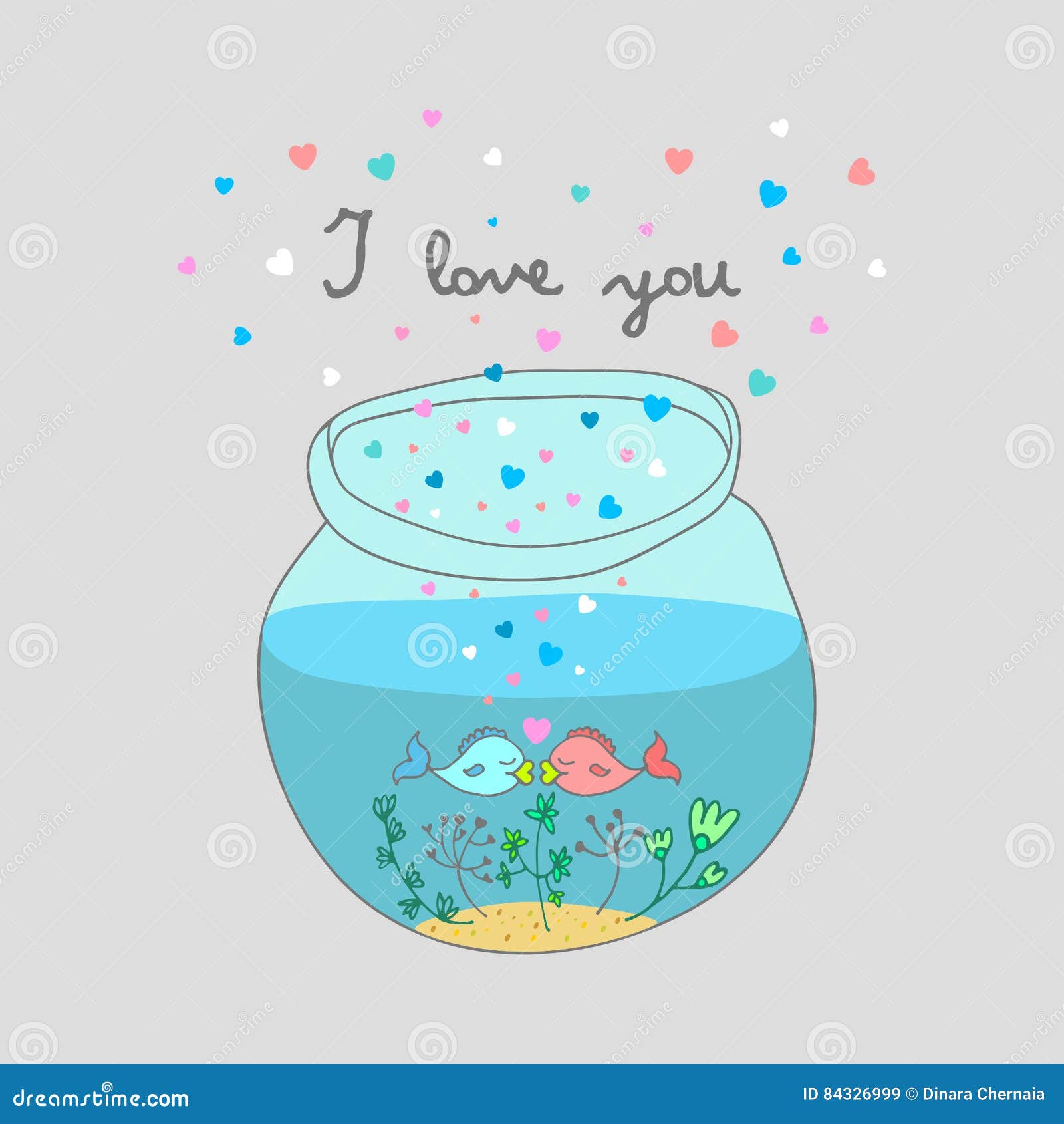 Cute Fish in Love in Aquarium. Doodle Style Stock Vector - Illustration ...