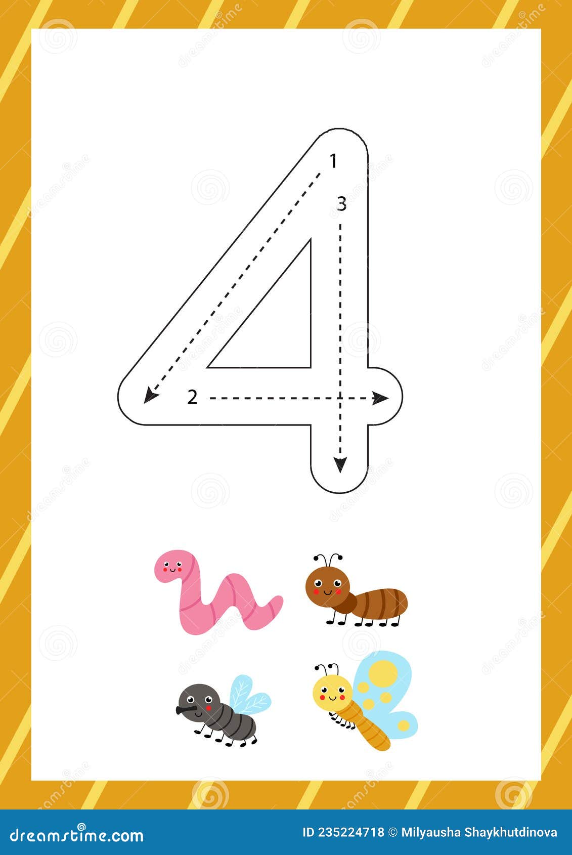 Cute Flashcard How To Write Number 4. Worksheet for Kids. Stock ...