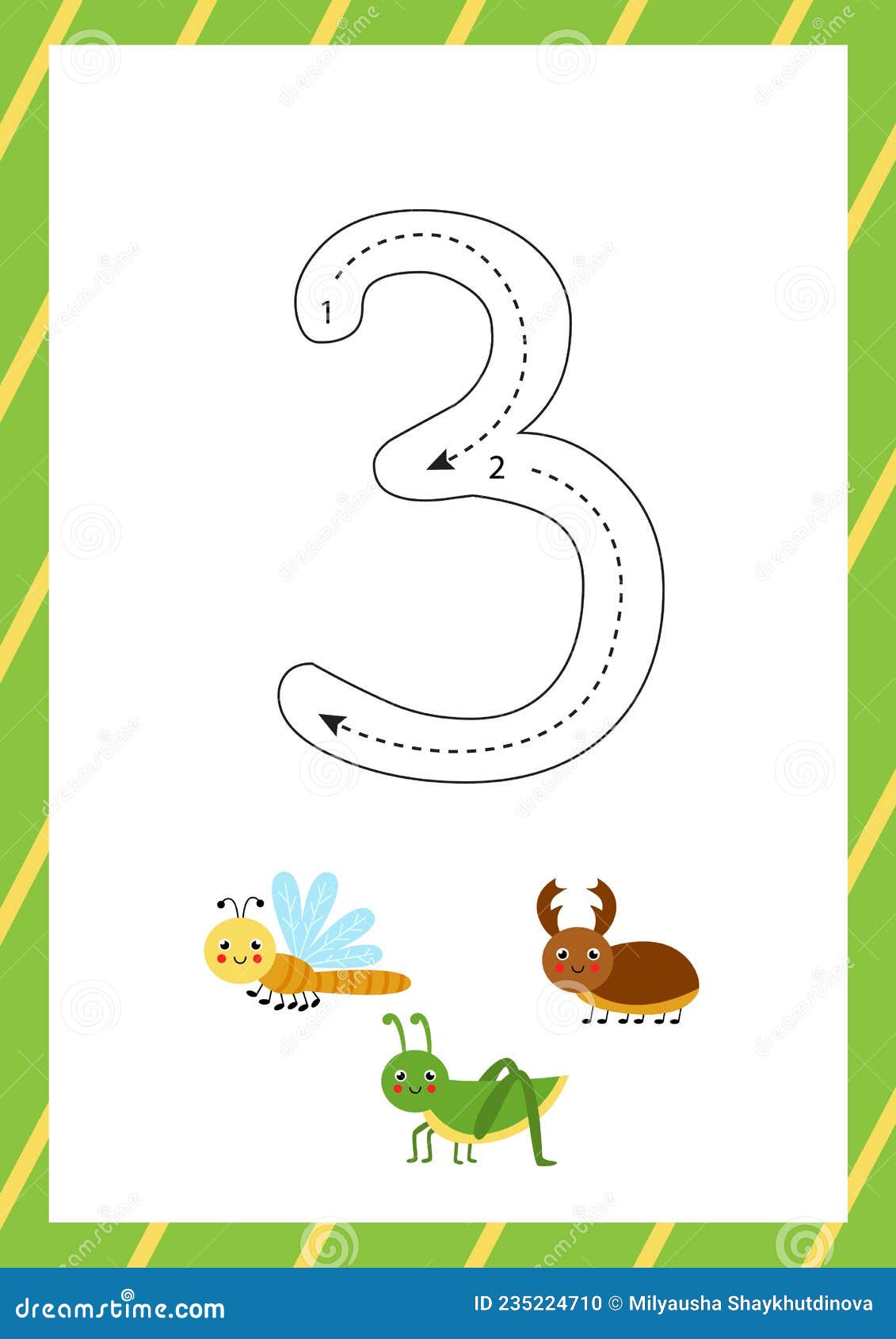 Cute Flashcard How To Write Number 3. Worksheet for Kids. Stock Vector ...