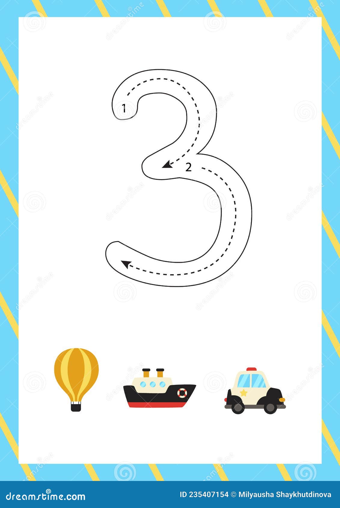 Cute Flashcard How To Write Number 3. Worksheet for Kids. Stock Vector ...