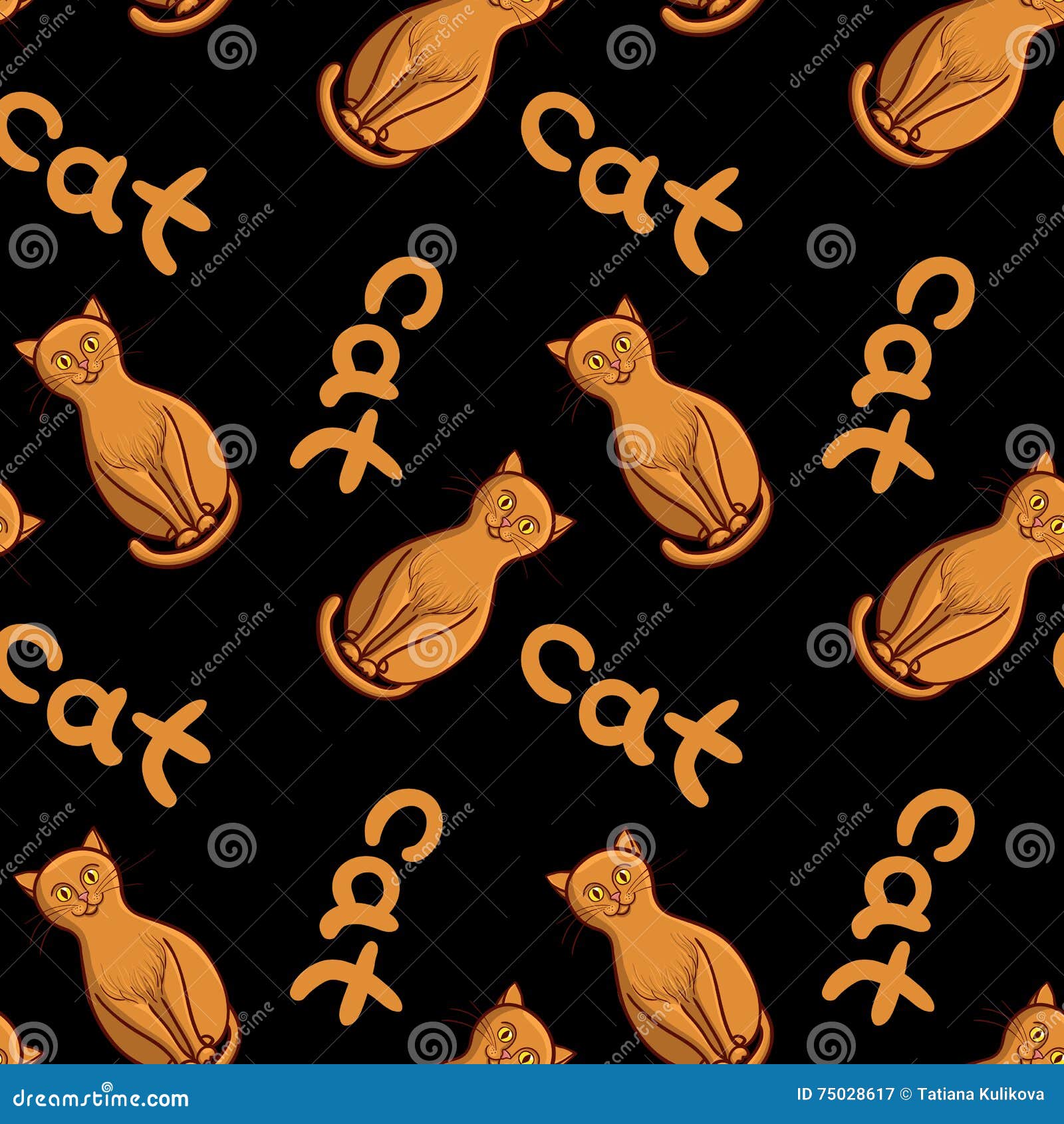 Cute Flat Cats Vector Seamless Pattern on Black with Animals and ...