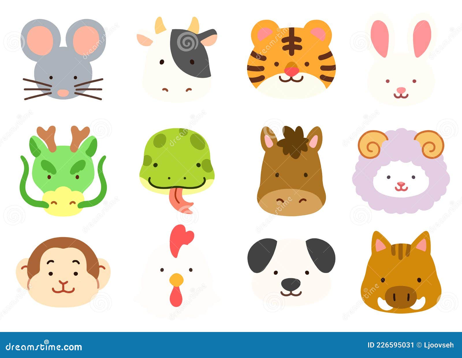 Cute Flat Colored Chinese Zodiac Animals Stock Vector - Illustration of ...