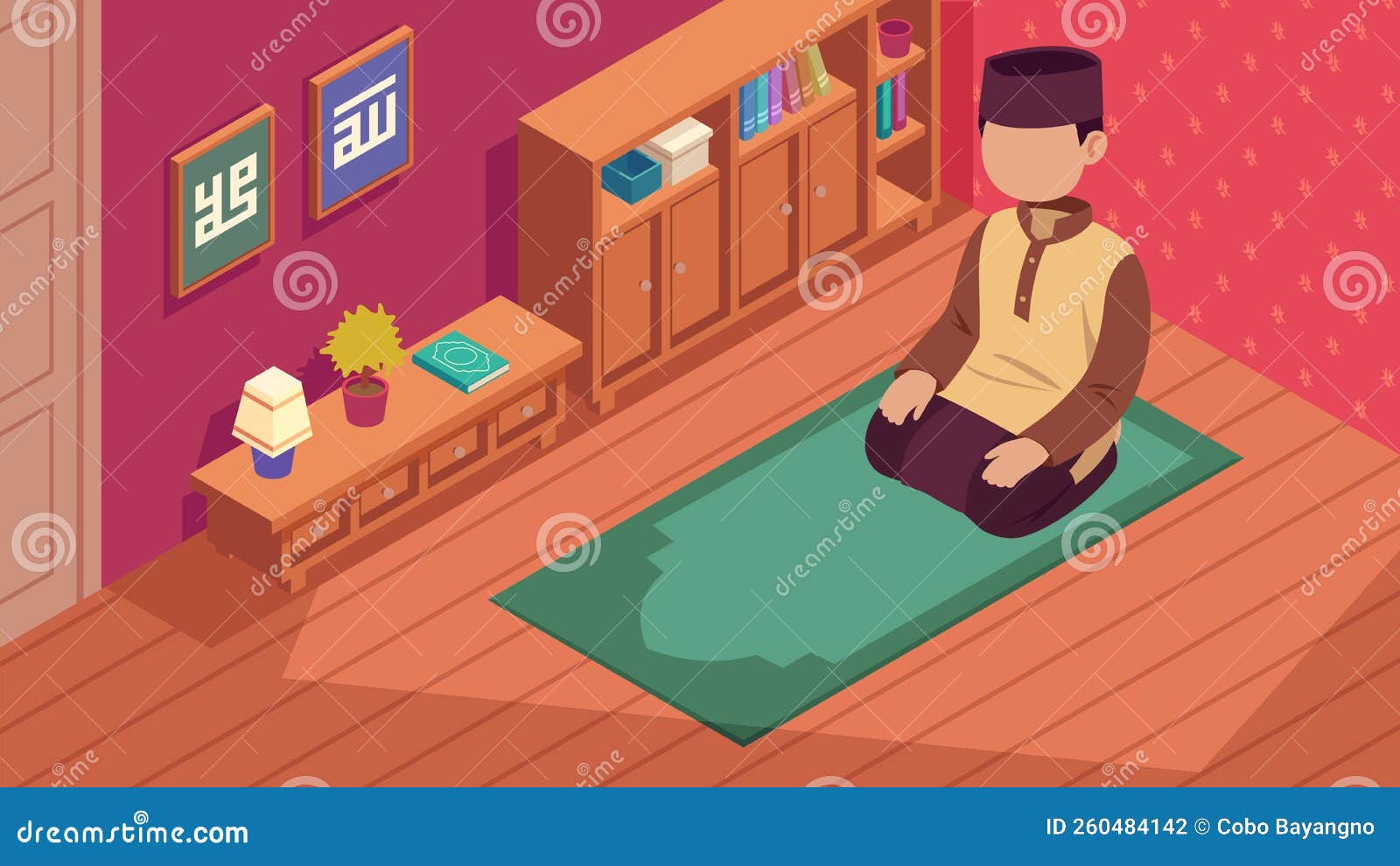 Isometric Young Man Praying in the Room Illustration Stock Vector ...