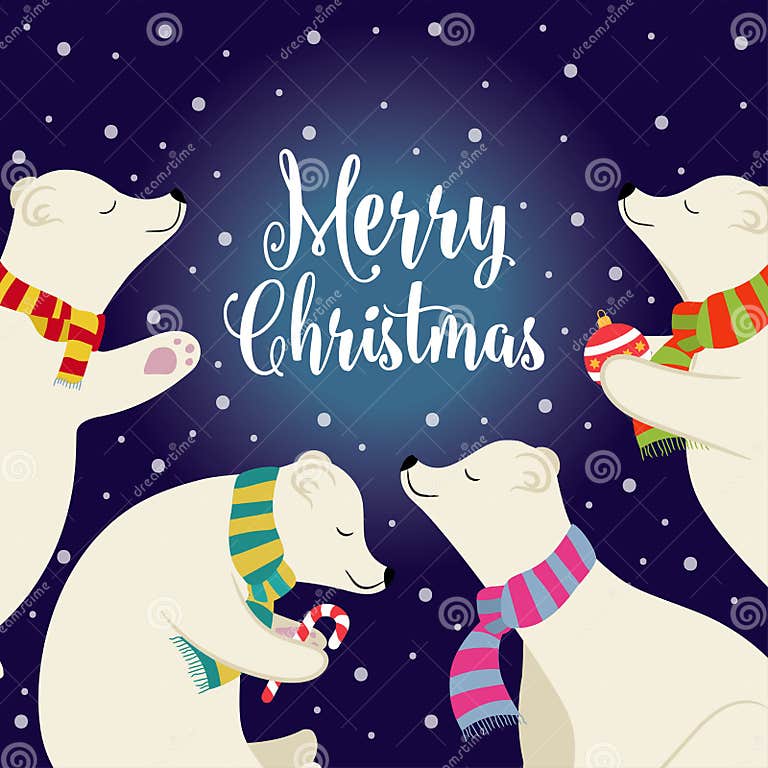 Cute Flat Design Christmas Card With Polar Bears And Wishes Stock