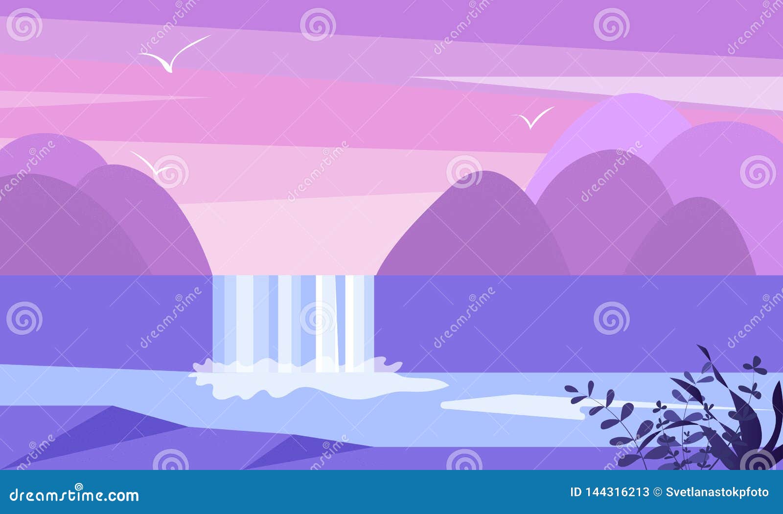 Cute Flat Landscape Illustration with Mountain, Waterfall and Lake ...