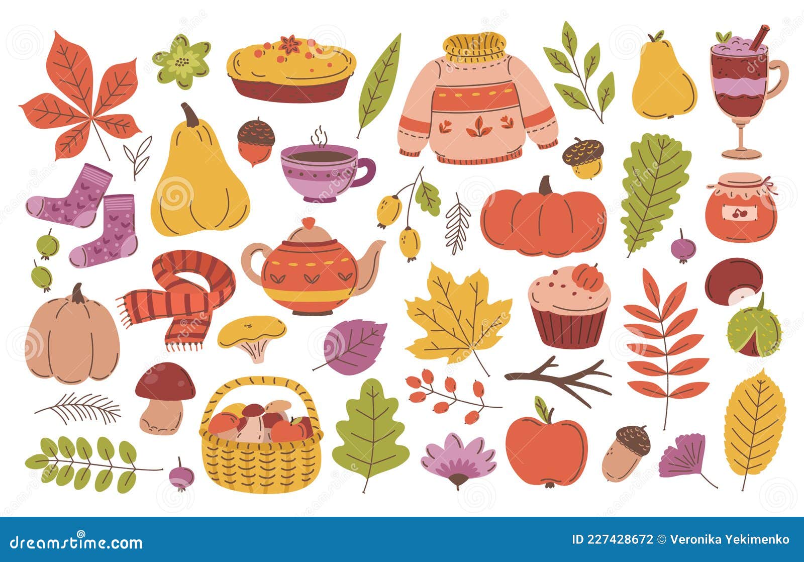 Cute Flat Set with Autumn Objects. Colored Autumn Elements Stock Vector ...