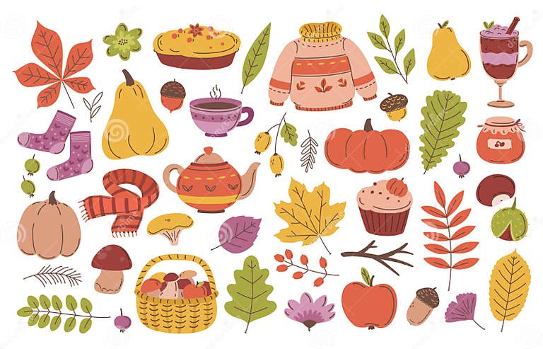 Cute Flat Set with Autumn Objects. Colored Autumn Elements Stock Vector ...