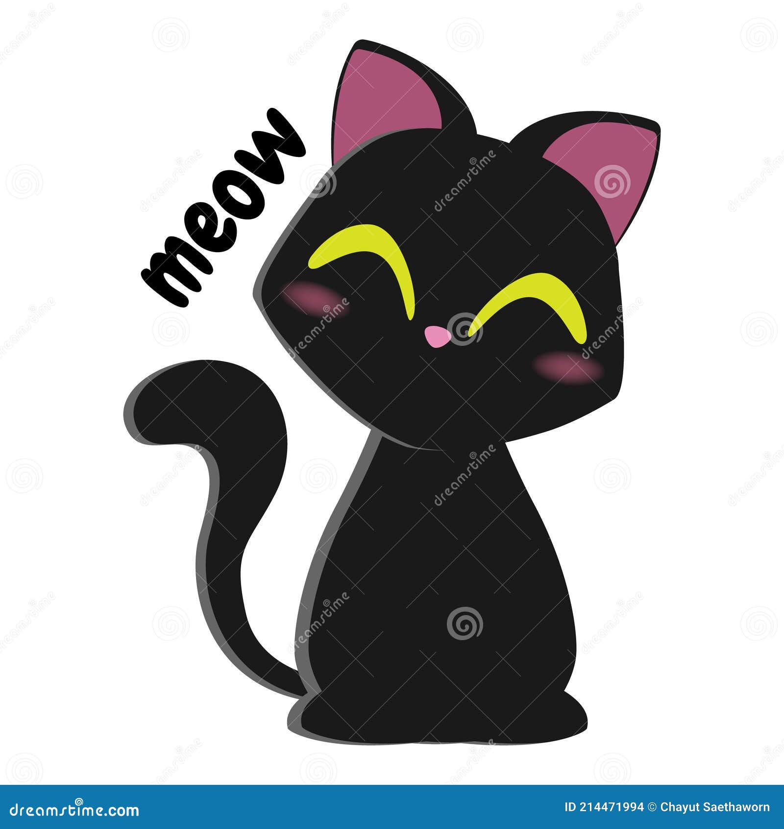 Cute Flat Vector Cartoon Black Cat with Meow Text Stock Vector ...