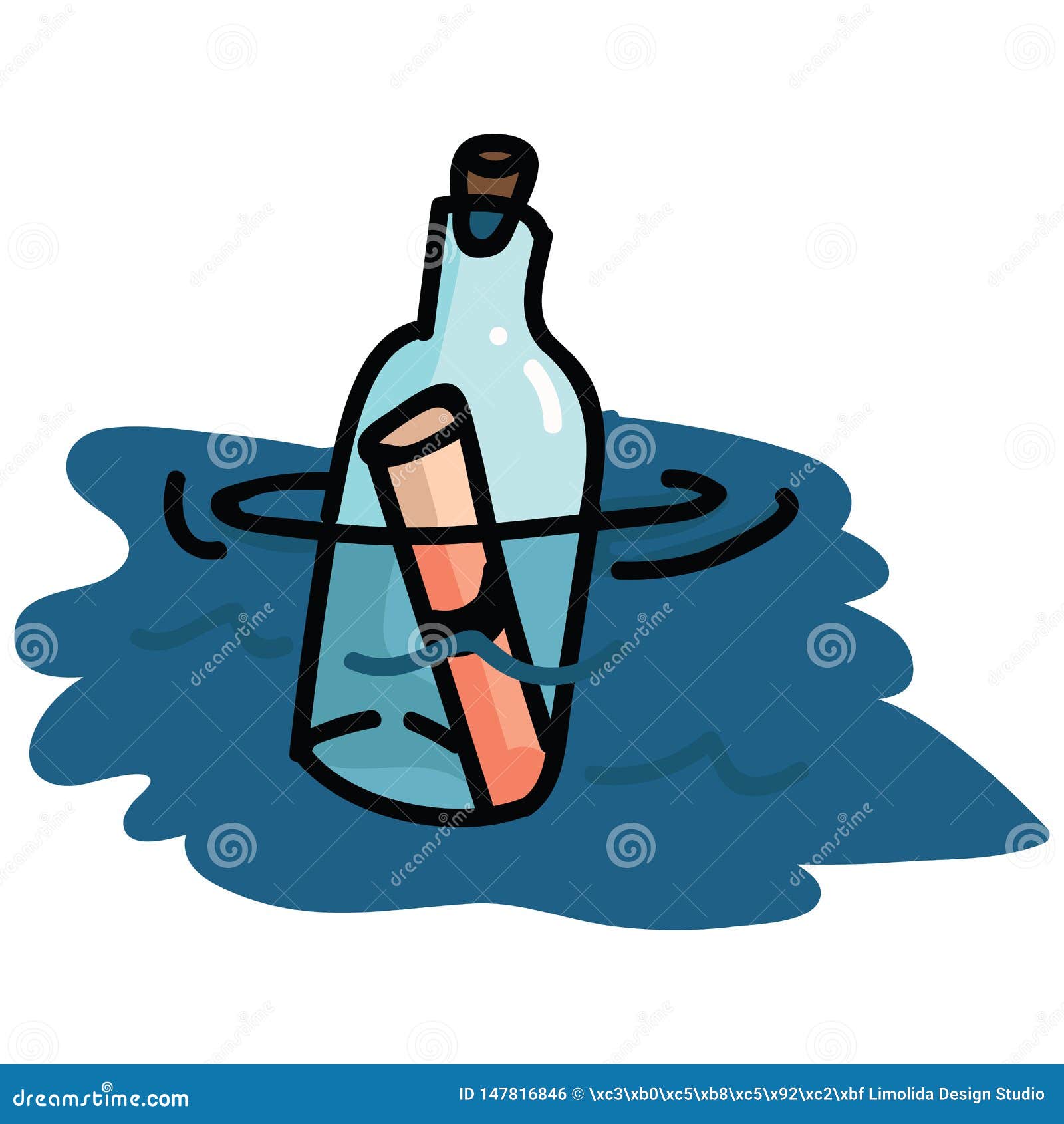 Cute Floating Message In A Bottle Cartoon Vector Illustration Motif Set Hand Drawn Isolated