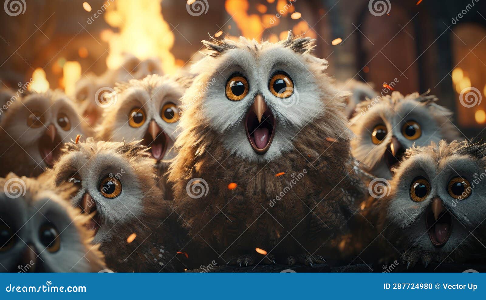 Cute Flock of Owls Screaming. Generative AI. Stock Illustration ...
