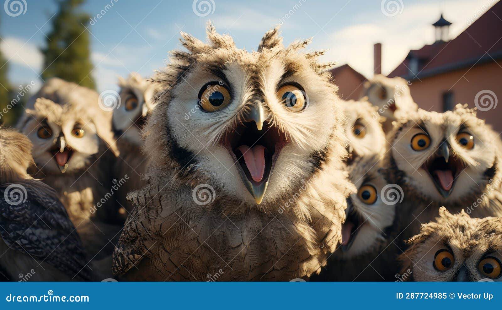 Cute Flock of Owls Screaming. Generative AI. Stock Illustration ...