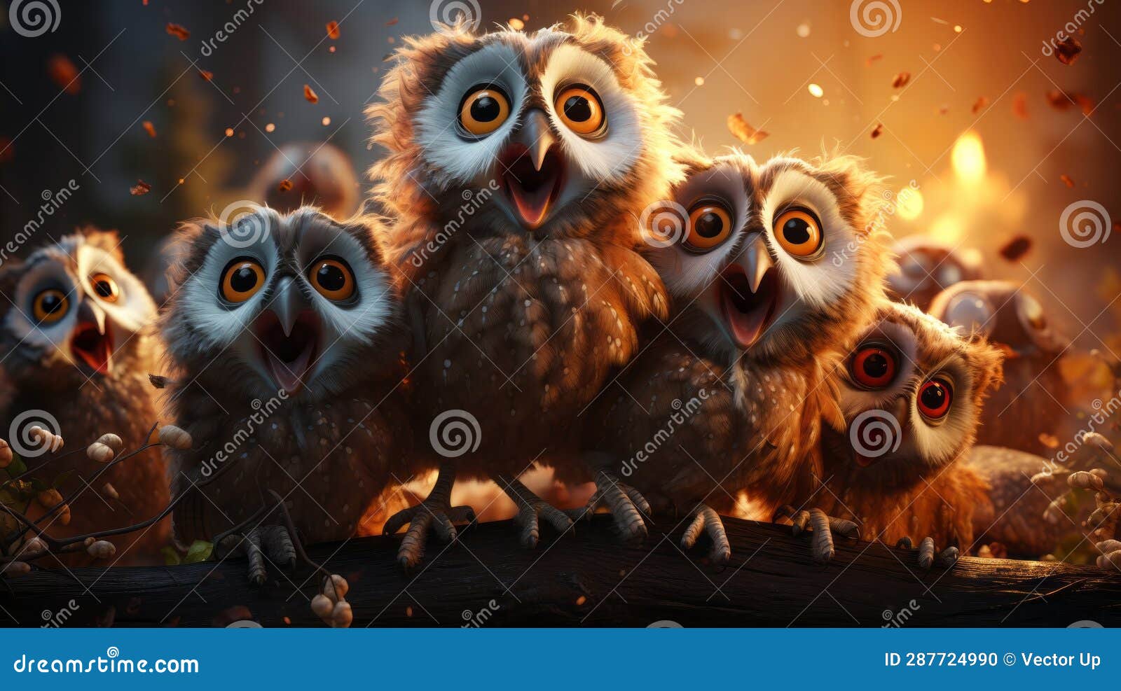 Cute Flock of Owls Screaming. Generative AI. Stock Illustration ...