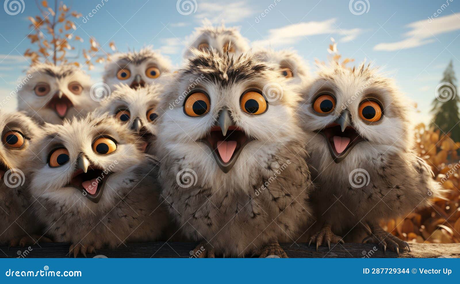 Cute Flock of Owls Screaming. Generative AI. Stock Illustration ...