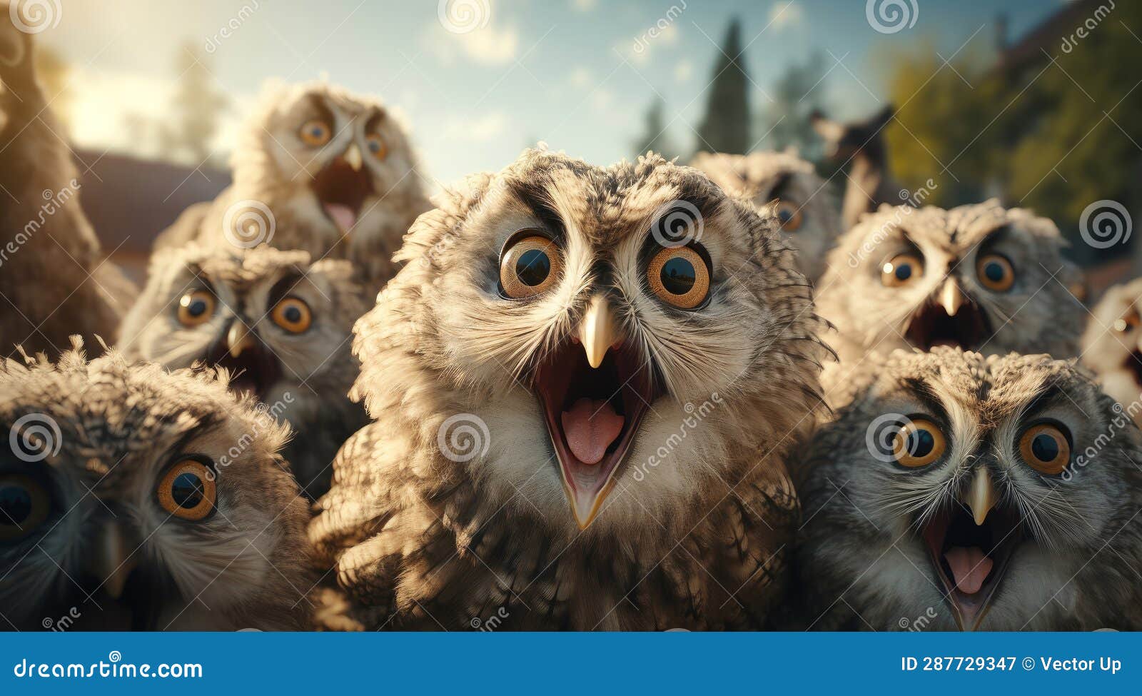 Cute Flock of Owls Screaming. Generative AI. Stock Illustration ...