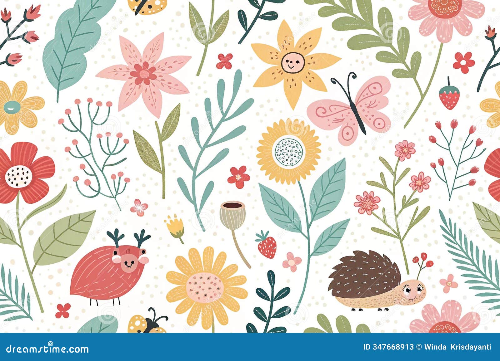 Cute Floral Pattern with Animals Stock Illustration - Illustration of ...