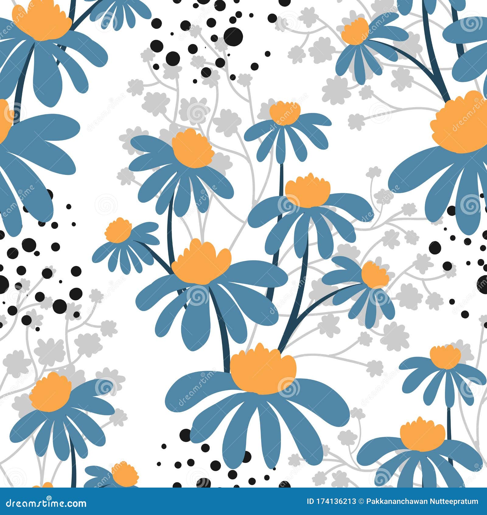 Cute Floral Seamless Pattern of Blue Flowers on White Background Stock ...