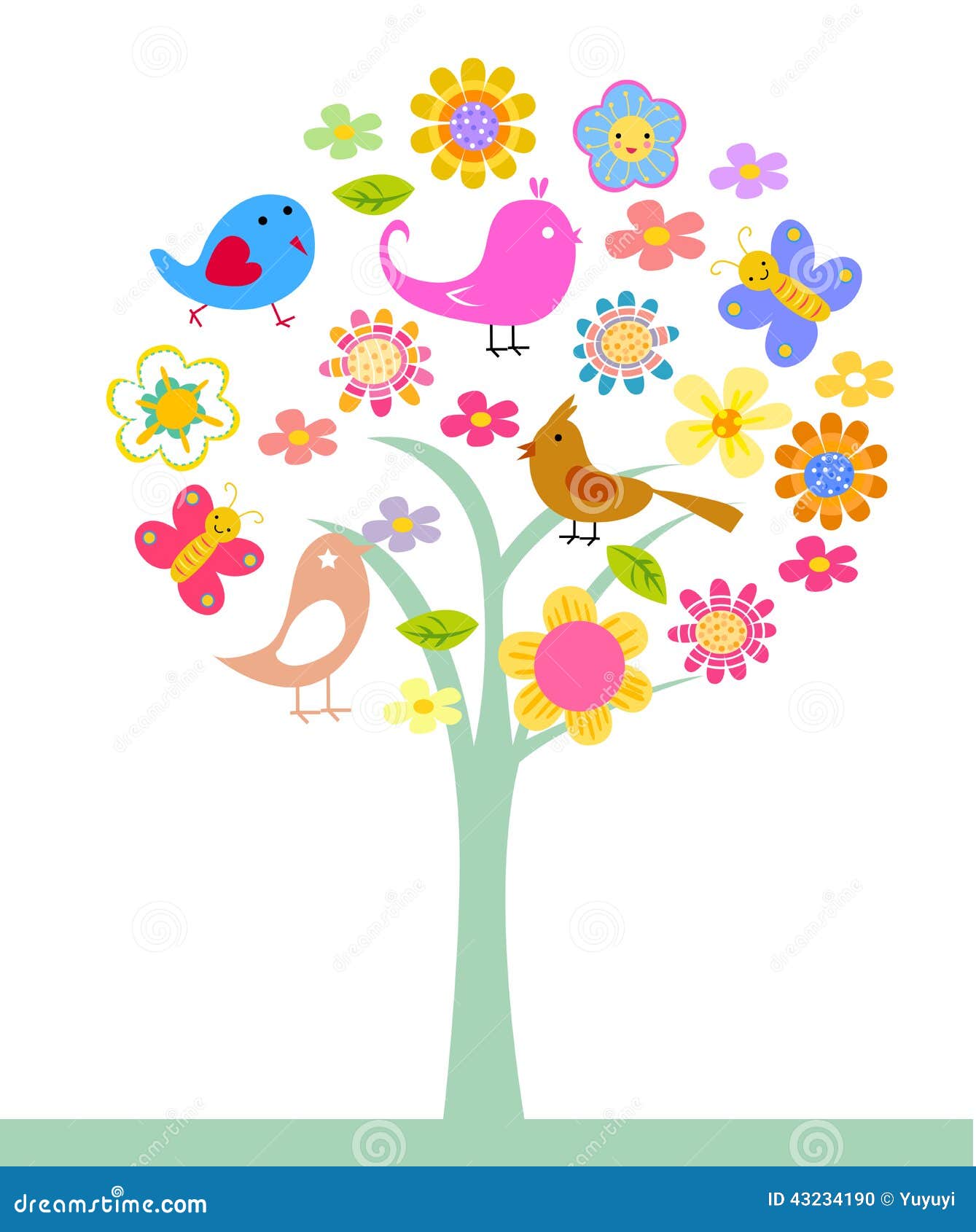 Cute flower,tree and bird stock vector. Illustration of beautiful ...