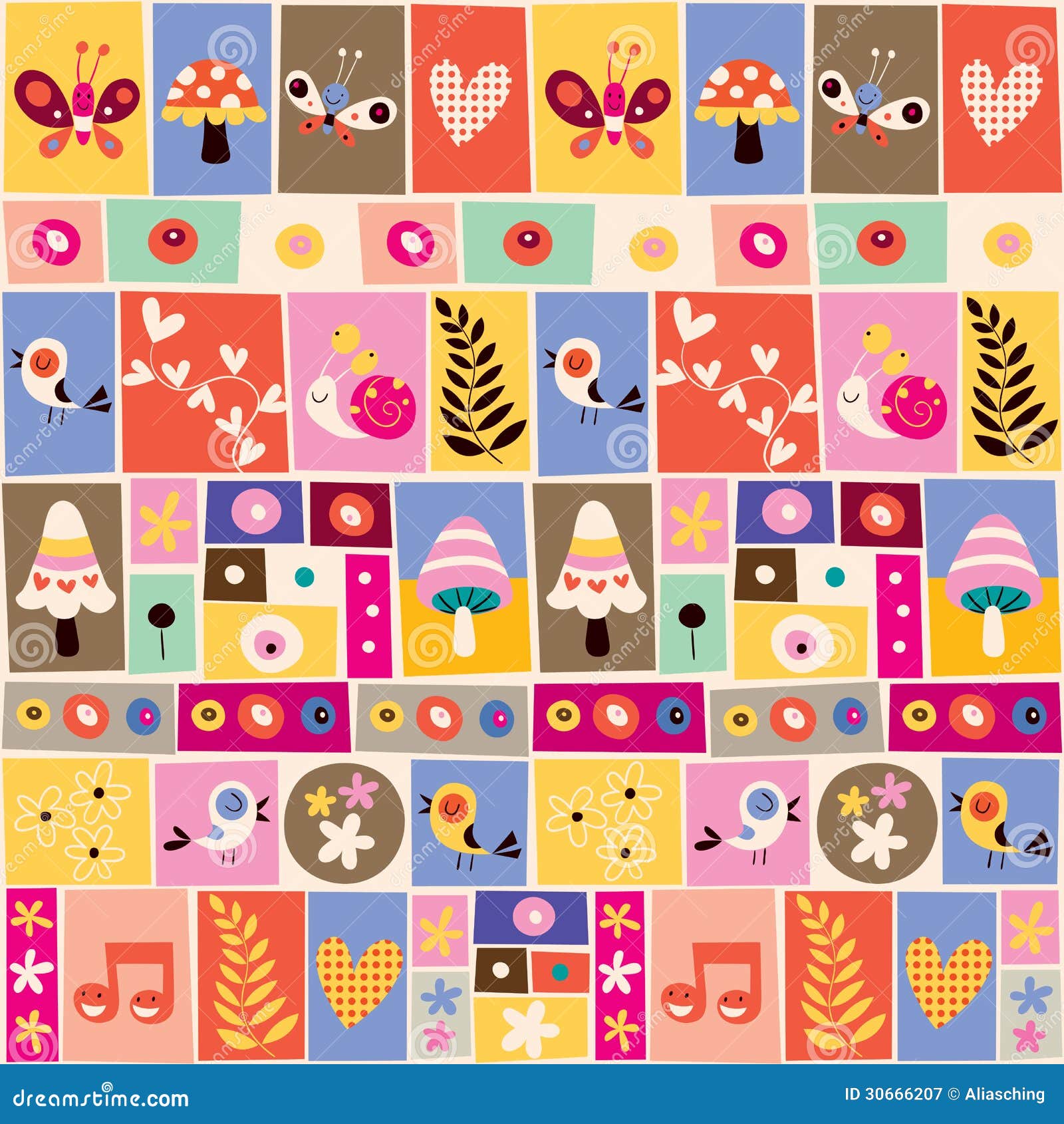 Cute Flowers, Birds, Mushrooms & Snails Collage Pattern Stock Vector ...