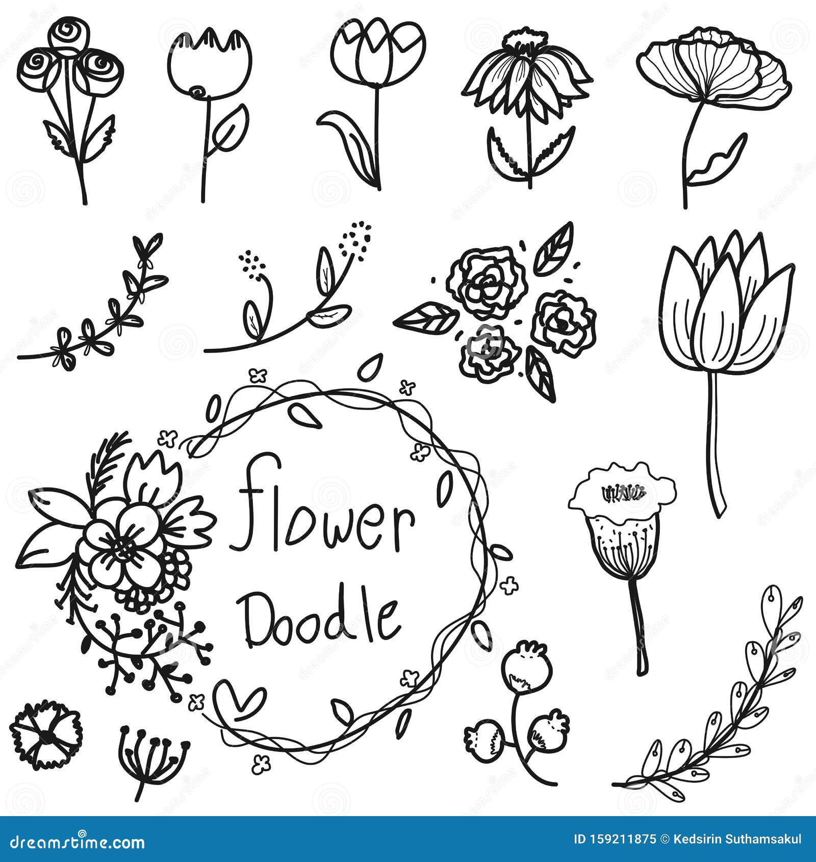 Cute Flowers Doodle Collection Set Vector from Freehand Drawing on ...