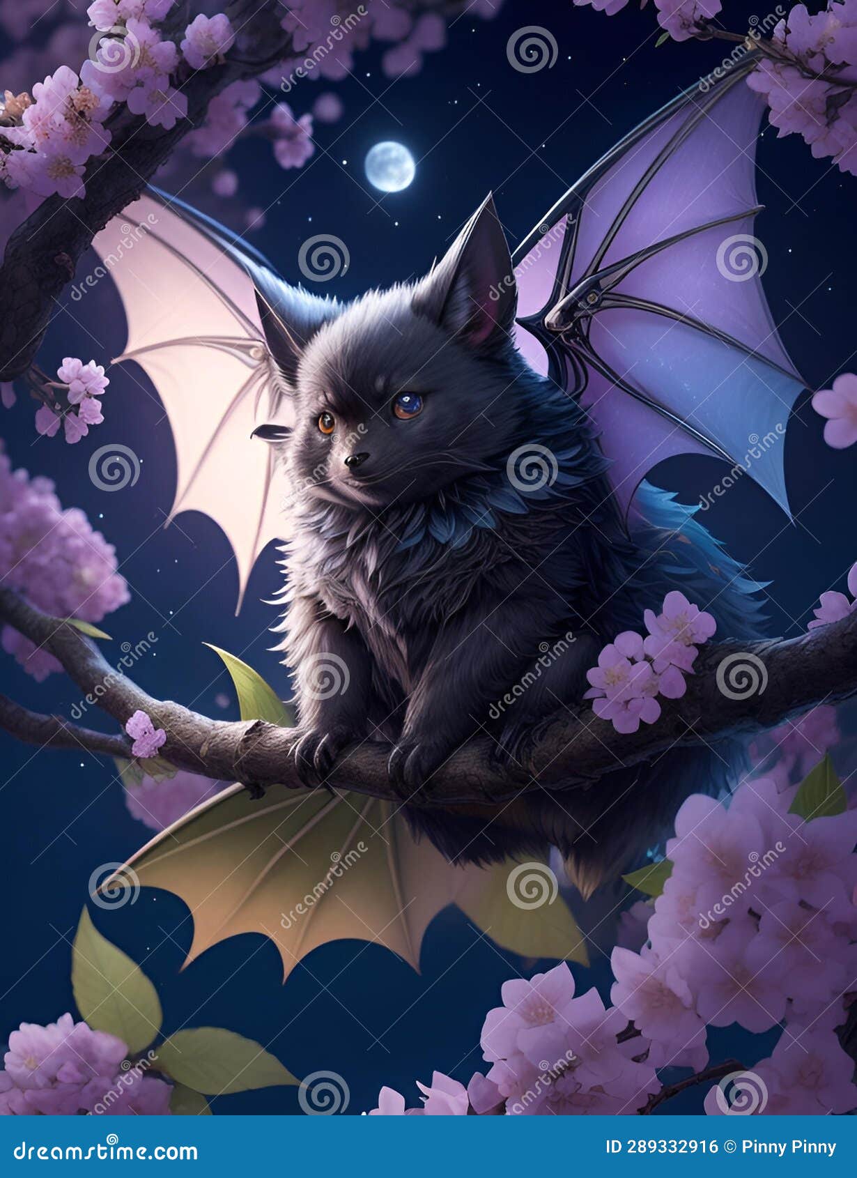 A Cute Fluffy Bat Sitting on a Blossoms Tree with Spread Wings, Moonlit ...