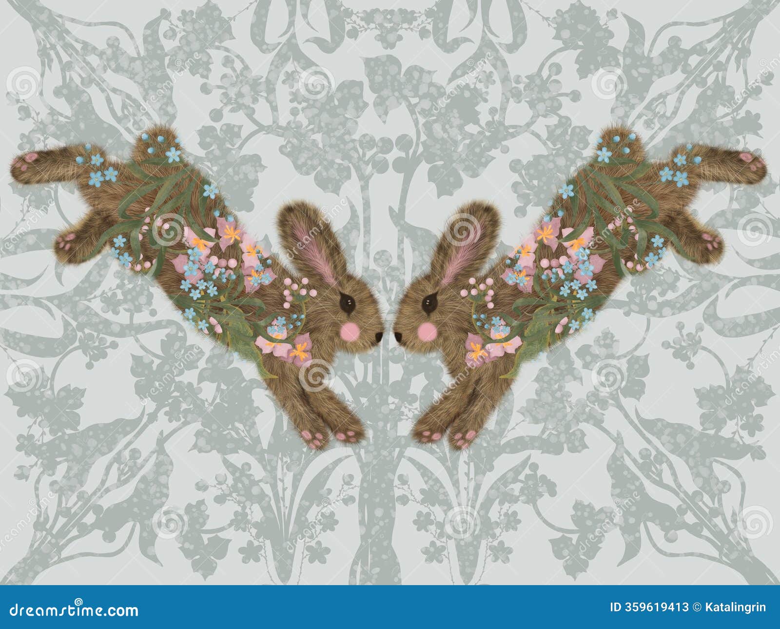 Cute Fluffy Bunnies in Flowers. Rustic Illustration for Easter Cards ...