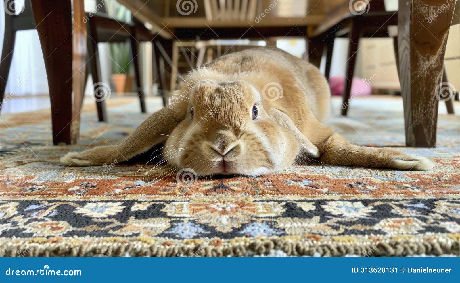 Cute Fluffy Bunny Rabbit Lying on a Carpet Under a Dinner Table Stock ...