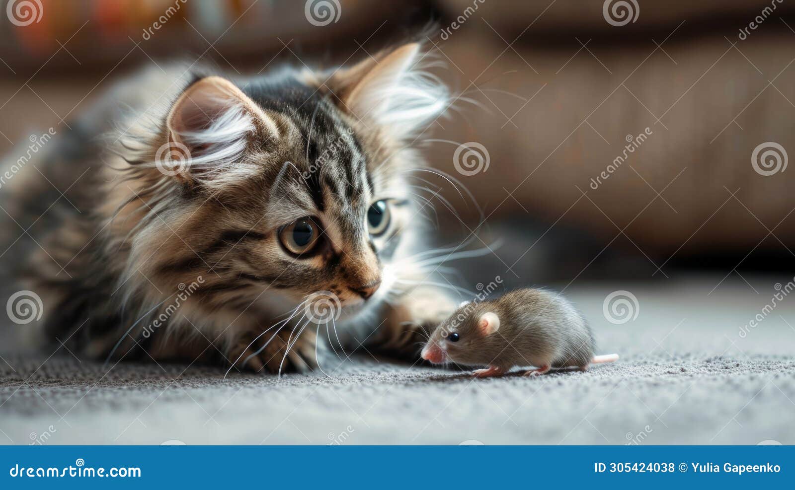Cute Fluffy Cat Playing with Little Mouse Stock Photo - Image of ...