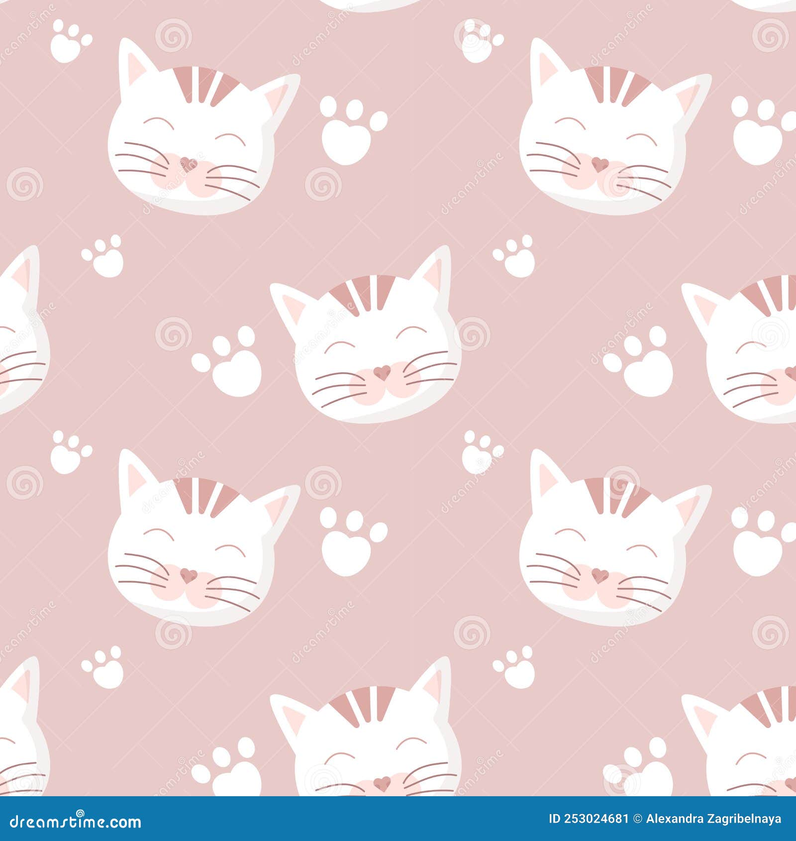 Cute Fluffy Cat Seamless Pattern, Kitten Muzzle with Paws Vector ...