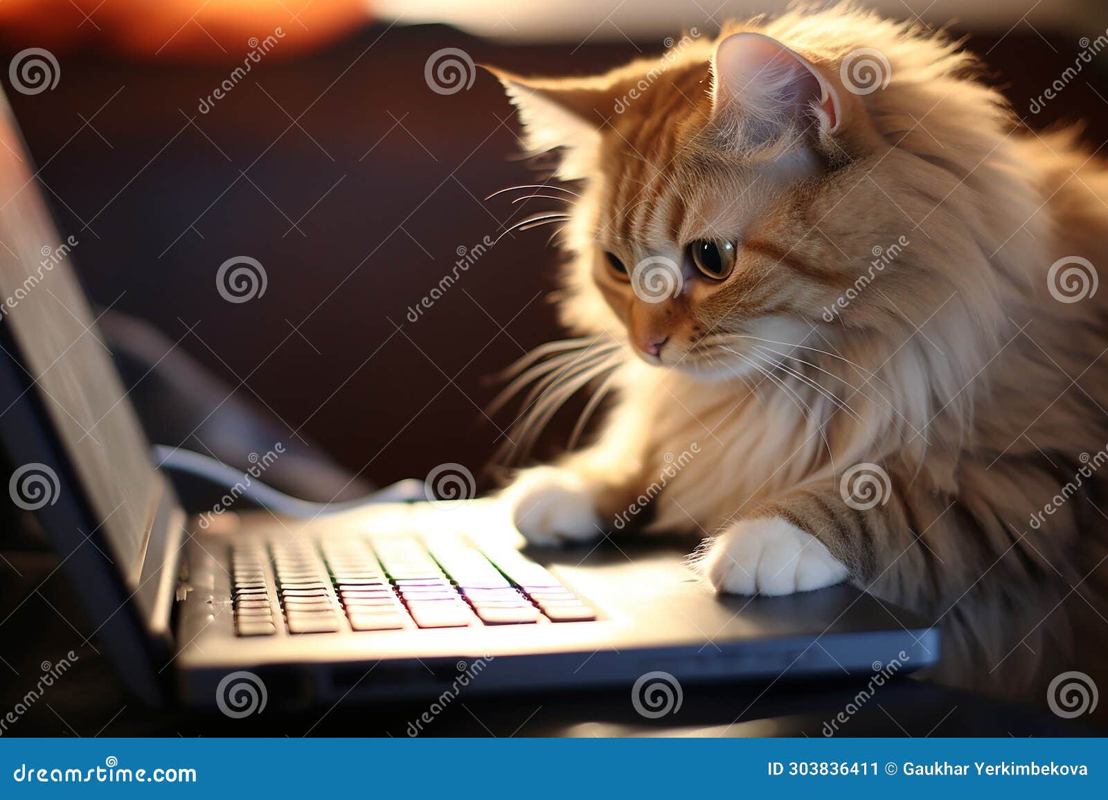 Cute Fluffy Cat Sitting and Playing with Laptop Computer Stock ...