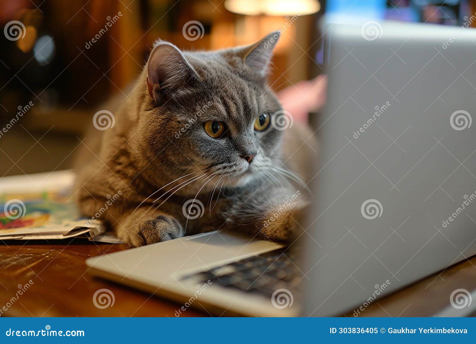 Cute Fluffy Cat Sitting and Playing with Laptop Computer Stock ...