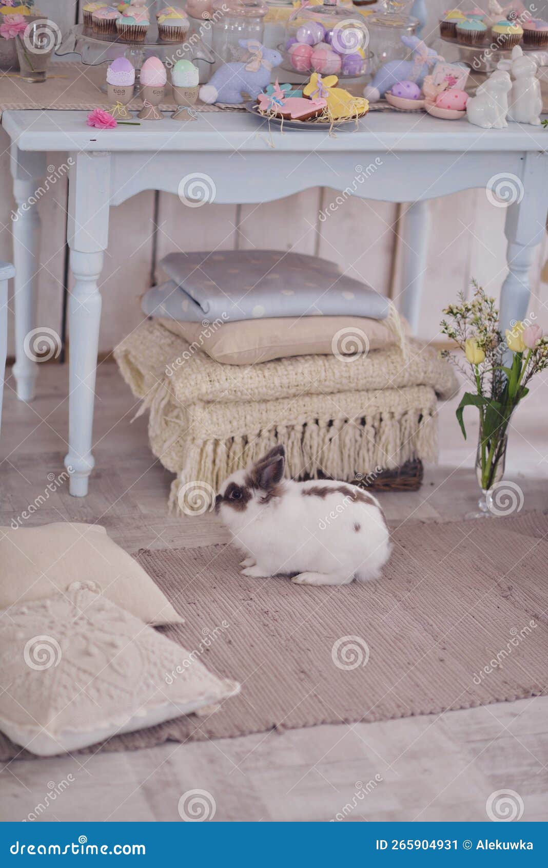 Cute Fluffy Easter Bunny on the Background of Easter Decor in Pastel ...