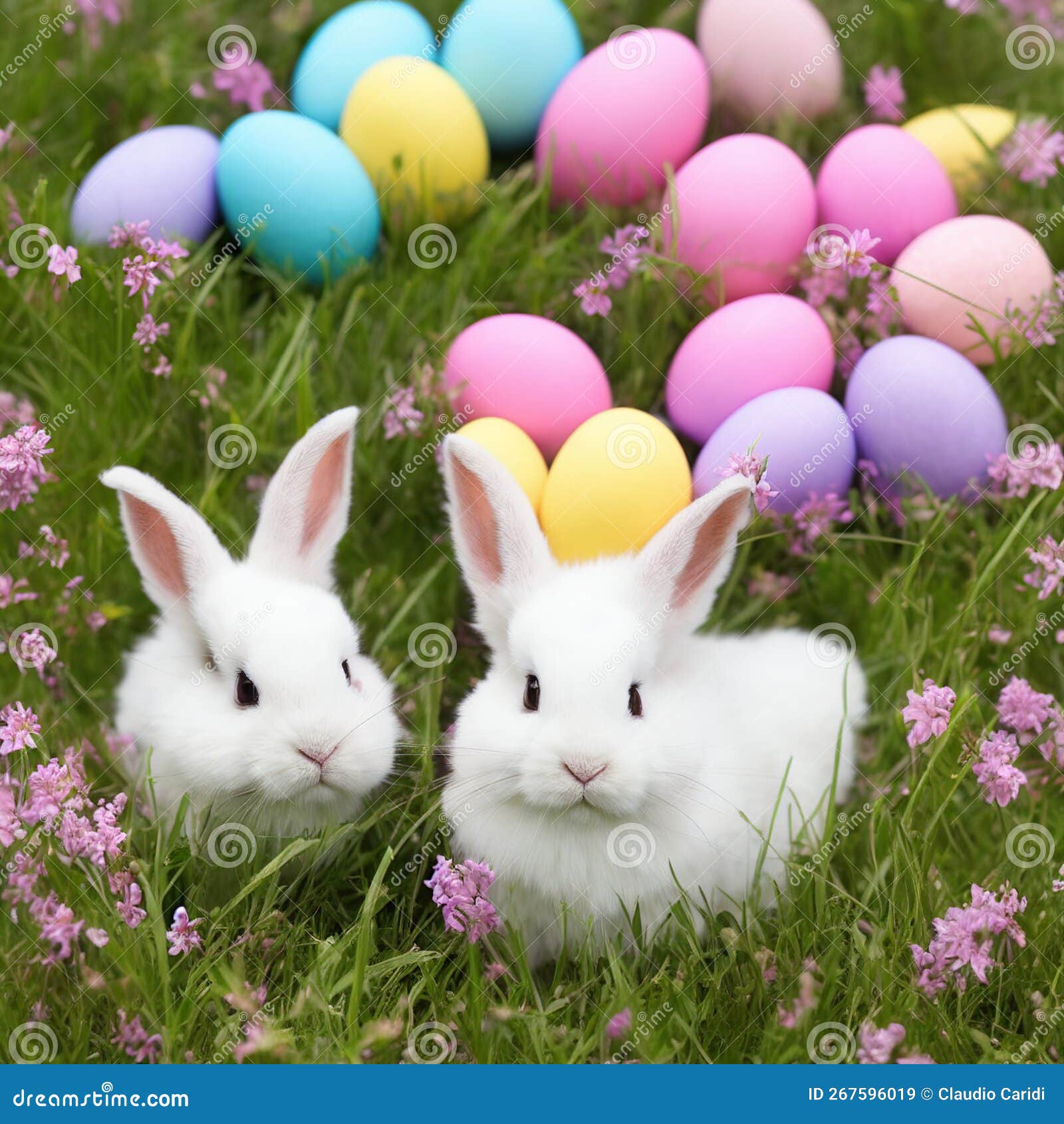 Cute and Fluffy Easter Bunny in a Field of Colorful Easter Eggs ...