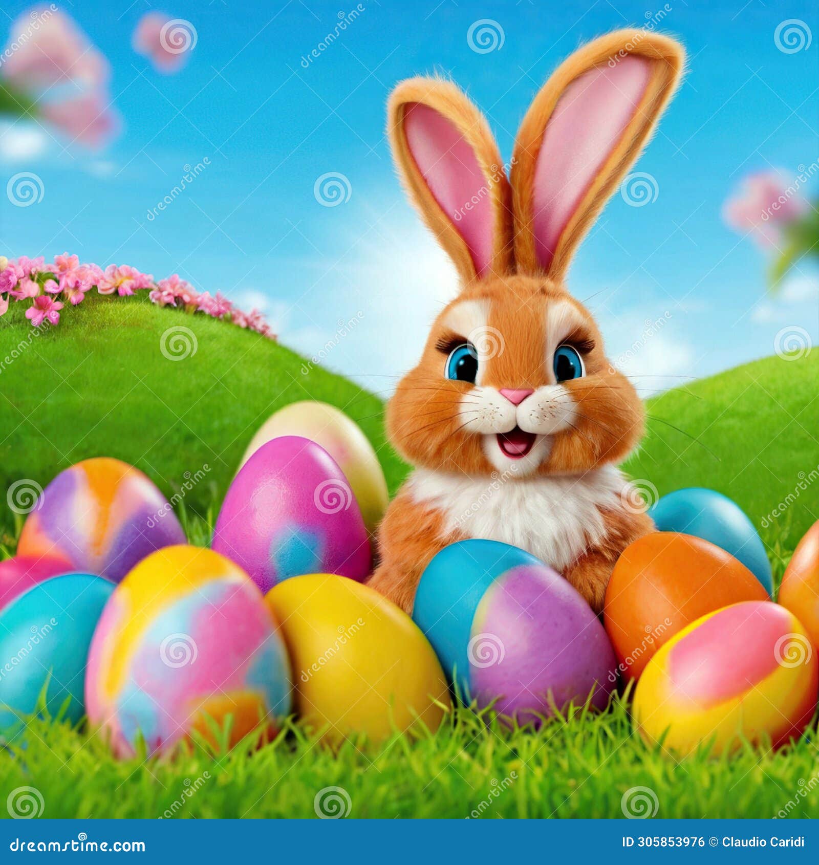 Cute and Fluffy Easter Bunny in a Field with Easter Eggs Stock ...