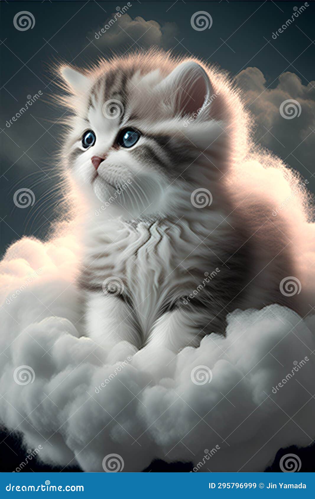 Cute Fluffy Kitten Sitting on Cloud in the Sky with Clouds. Stock ...